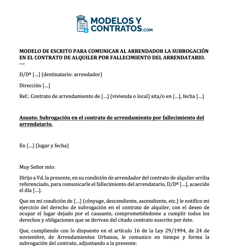 Modelo de Subrogación de Contrato de Arrendamiento
